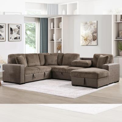 China U-Shaped Sectional Sleeper Sofa with Pull Out Bed and Storage Chaise Lounge and Storage Loveseat and Dropdown table and USB Charging Port, Brown Fabric for sale