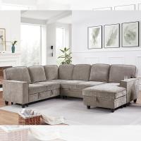 China U-Shaped Sectional Sleeper Sofa with Pull Out Bed and Storage Chaise Lounge and Storage Loveseat and USB Charging Port, Light Brown Gray Chenille for sale