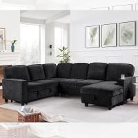 China U-Shaped Sectional Sleeper Sofa with Pull Out Bed and Storage Chaise Lounge and Storage Loveseat and USB Charging Port, Charcoal Black Chenille for sale
