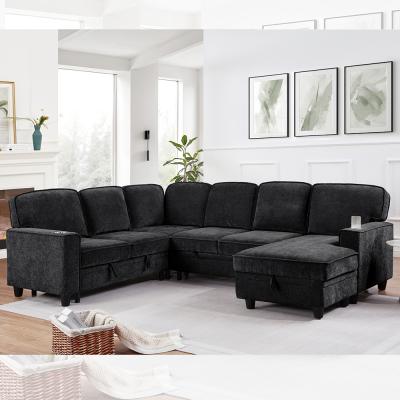 China U-Shaped Sectional Sleeper Sofa with Pull Out Bed and Storage Chaise Lounge and Storage Loveseat and USB Charging Port, Charcoal Black Chenille for sale