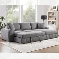 China Big L-Shaped Sectional Sleeper Sofa with Pull-Out Bed and Storage Chaise, Gray Fabric for sale
