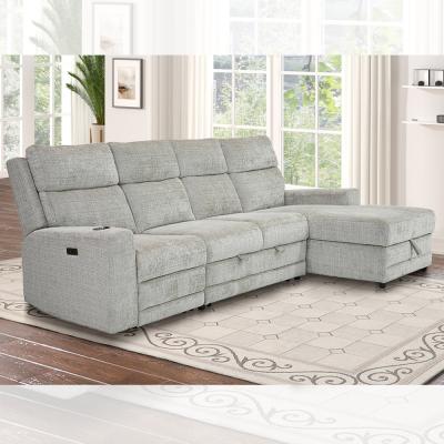 China Big L-Shaped Sectional Sleeper Sofa with Pull-Out Bed and Storage Chaise and Power Recliner Chair, Warm Gray Chenille for sale