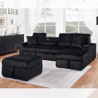 China Sectional Sleeper Sofa with Pull-Out Bed and Dropdown Table and Storage Chaise and Storage Ottoman, Black Corduroy Fabric for sale
