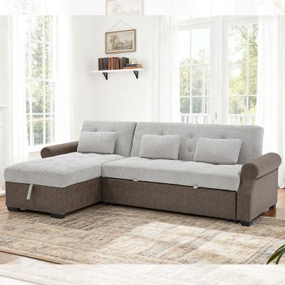 China L-Shaped Sectional Sleeper Sofa with Pull-Out Bed and Adjustable Backrest and Storage Chaise, Gray & Dark Brown for sale