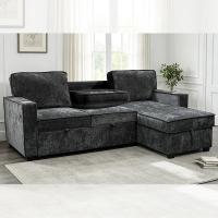 China L-Shaped Reversible Sectional Sleeper Sofa with Pull-Out Bed and Dropdown Table and Storage, Charcoal Black Chenille for sale