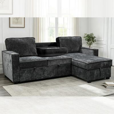 China L-Shaped Reversible Sectional Sleeper Sofa with Pull-Out Bed and Dropdown Table and Storage, Charcoal Black Chenille for sale