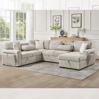 China U-Shaped Sectional Sleeper Sofa with Pull Out Bed and Dropdown Table and Storage Chaise Lounge and Storage Loveseat and Cup holders, Beige Fabric for sale