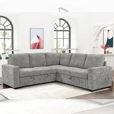 China L-Shaped Sectional Sleeper Sofa with Pull Out Bed and Storage Sofa and Cup holders, Gray Fabric for sale