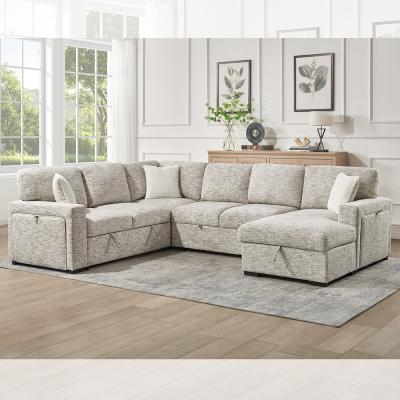 China U-Shaped Sectional Sleeper Sofa with Pull Out Bed and Dropdown Table and Storage Chaise Lounge and Storage Loveseat and Cup holders, Beige Fabric for sale