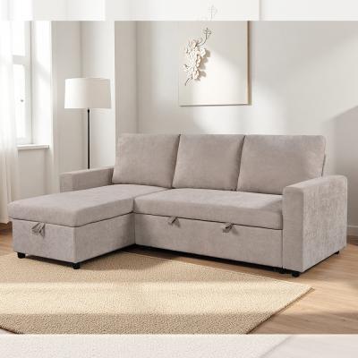 China L-Shaped Reversible Sectional Sleeper Sofa with Pull-Out Bed and Storage, Beige Fabric for sale
