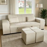 China Queen Size Convertible Sleeper Sofa Bed, Comfortable Pull-Out Bed with Adjustable Backrest, Arm with Ottomans, Beige Tech Leather for sale
