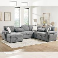 China U-Shaped Sectional Sleeper Sofa with Pull Out Bed and Dropdown Table and Storage Chaise Lounge and Storage Loveseat and Cup holders, Navy Fabric for sale