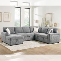 China U-Shaped Sectional Sleeper Sofa with Pull Out Bed and Dropdown Table and Storage Chaise Lounge and Storage Loveseat and Cup holders, Navy Fabric for sale