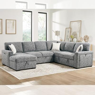 China U-Shaped Sectional Sleeper Sofa with Pull Out Bed and Dropdown Table and Storage Chaise Lounge and Storage Loveseat and Cup holders, Navy Fabric for sale