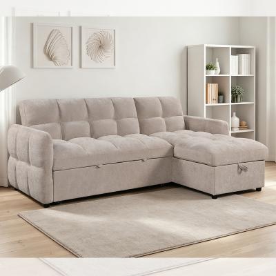 China L-Shaped Sectional Sleeper Sofa with Pull-Out Bed and Adjustable Backrest and Storage Chaise, Beige Fabric for sale
