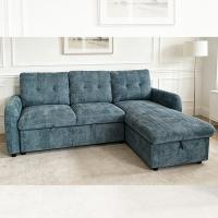 China L-Shaped Reversible Sectional Sleeper Sofa with Pull-Out Bed and Dropdown Table and Storage, Hazy Blue Fabric for sale