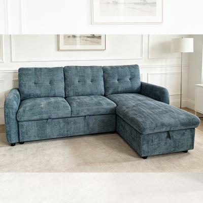 China L-Shaped Reversible Sectional Sleeper Sofa with Pull-Out Bed and Dropdown Table and Storage, Hazy Blue Fabric for sale