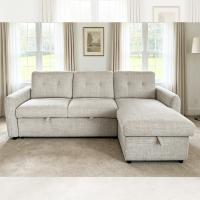 China L-Shaped Sectional Sleeper Sofa with Pull-Out Bed and Adjustable Backrest and Storage Chaise, Light Gray Fabric for sale
