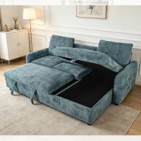 China L-Shaped Reversible Sectional Sleeper Sofa with Pull-Out Bed and Dropdown Table and Storage, Hazy Blue Fabric for sale