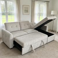 China L-Shaped Sectional Sleeper Sofa with Pull-Out Bed and Adjustable Backrest and Storage Chaise, Light Gray Fabric for sale