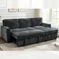 China L-Shaped Reversible Sectional Sleeper Sofa with Pull-Out Bed and Dropdown Table and Storage, Charcoal Black Chenille for sale