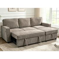China L-Shaped Reversible Sectional Sleeper Sofa with Pull-Out Bed and Dropdown Table and Storage, Light Brown Gray Chenille for sale