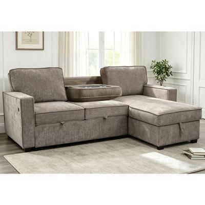 China L-Shaped Reversible Sectional Sleeper Sofa with Pull-Out Bed and Dropdown Table and Storage, Light Brown Gray Chenille for sale