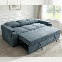 China Futon Sofa Bed, Convertible Sleeper Sofa Bed, Comfortable Pull-Out Bed with Adjustable Backrest, Arm with Hidden Stainless Steel Cup Holders, Blue Fabric for sale