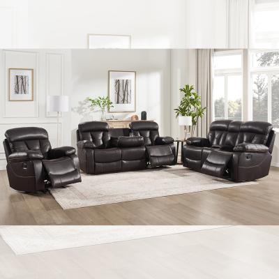 China Recliner Sofa set with Dropdown Table and Storage Box, Dark Brown Faux Leatherette for sale
