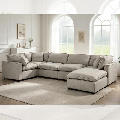 China Sectional Modular Sofa with Feather Blend Seat Cushion and Pillows, Gray Fabric for sale