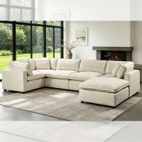 China Sectional Modular Sofa with Feather Blend Seat Cushion and Pillows, Beige Fabric for sale