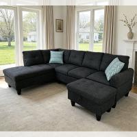 China L-Shaped Sectional Sofa with Dropdown Table and 2 Pillows, Ottoman with storage, Black Fabric for sale