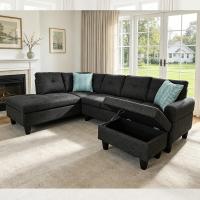 China L-Shaped Sectional Sofa with Dropdown Table and 2 Pillows, Ottoman with storage, Black Fabric for sale