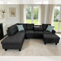 China L-Shaped Sectional Sofa with Dropdown Table and 2 Pillows, Ottoman with storage, Black Fabric for sale