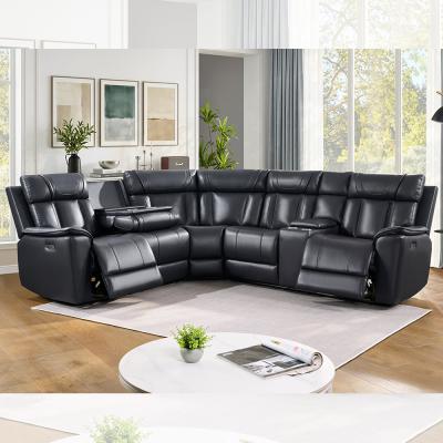 China Power Recliner Corner Sofa with 2 Power Recliner Seats and Storage Box and Dropdown Table, Black Leatherette for sale