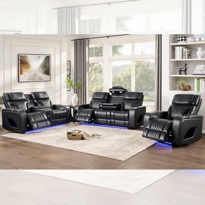 China Power Recliner Sofa set with Power Headrests and Dropdown Table and Speaker and Storage and LED Light, Massage Function, Black Leatherette for sale