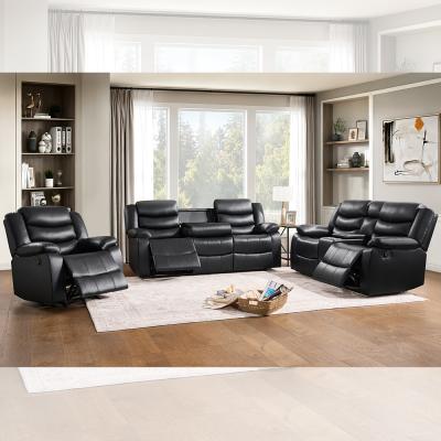 China Recliner Sofa set with Dropdown Table and Storage Box, Black Leatherette for sale