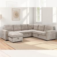 China U-Shaped Sectional Sleeper Sofa with Pull Out Bed and Storage Chaise Lounge and Storage Sofa and Cup holders, Taupe Fabric for sale