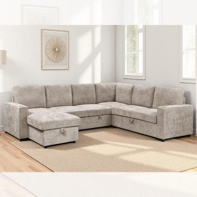 China U-Shaped Sectional Sleeper Sofa with Pull Out Bed and Storage Chaise Lounge and Storage Sofa and Cup holders, Taupe Fabric for sale