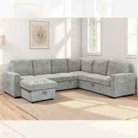 China U-Shaped Sectional Sleeper Sofa with Pull Out Bed and Storage Chaise Lounge and Storage Sofa and Cup holders, Gray Fabric for sale