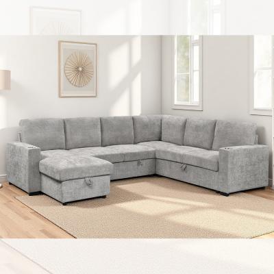 China U-Shaped Sectional Sleeper Sofa with Pull Out Bed and Storage Chaise Lounge and Storage Sofa and Cup holders, Gray Fabric for sale
