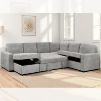 China U-Shaped Sectional Sleeper Sofa with Pull Out Bed and Storage Chaise Lounge and Storage Sofa and Cup holders, Gray Fabric for sale