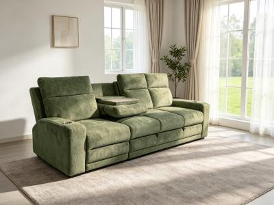 China Big Sectional Sleeper Sofa with Pull-Out Bed and Dropdown Table and Power Recliner Chair, Green Fabric for sale