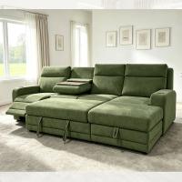 China Big Sectional Sleeper Sofa with Pull-Out Bed and Dropdown Table and Power Recliner Chair, Green Fabric for sale