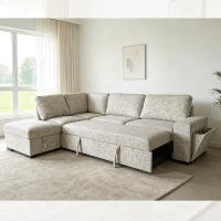 China L-Shaped Sectional Sleeper Sofa with Pull-Out Bed and Storage and Cup holder, Beige Fabric for sale