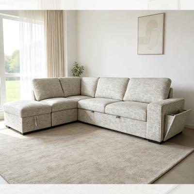 China L-Shaped Sectional Sleeper Sofa with Pull-Out Bed and Storage and Cup holder, Beige Fabric for sale