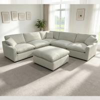 China Sectional Modular Sofa with Feather Blend Seat Cushion and Pillows, Light Gray Fabric for sale