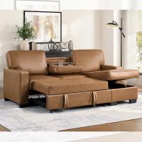 China L-Shaped Reversible Sectional Sleeper Sofa with Pull-Out Bed and Dropdown Table and Storage, Brown Faux Leatherette for sale