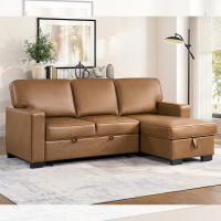 China L-Shaped Reversible Sectional Sleeper Sofa with Pull-Out Bed and Dropdown Table and Storage, Brown Faux Leatherette for sale