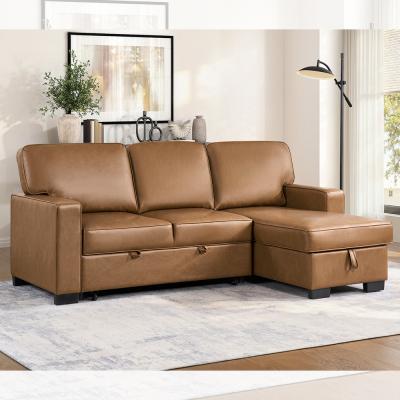 China L-Shaped Reversible Sectional Sleeper Sofa with Pull-Out Bed and Dropdown Table and Storage, Brown Faux Leatherette for sale
